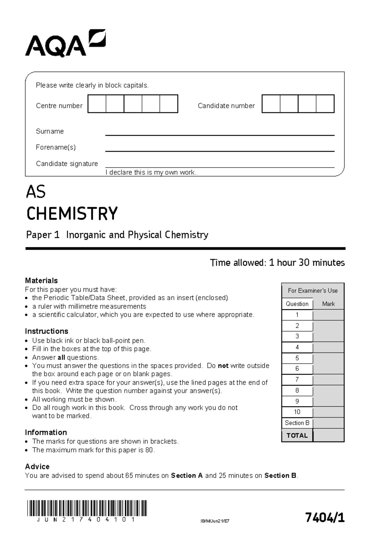 AQA 74041 AS Chemistry Paper 1: Inorganic & Physical Chemistry Exam ...