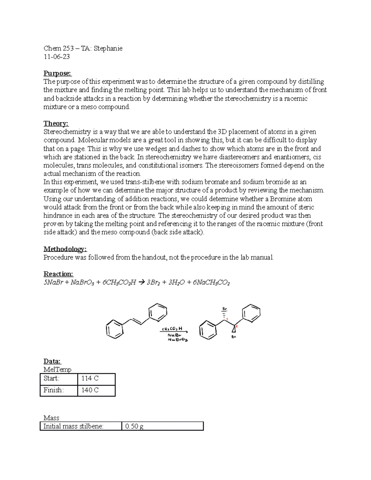 Exp 11: Bromination Experiment of Trans-Stilbene and Stereochemical ...