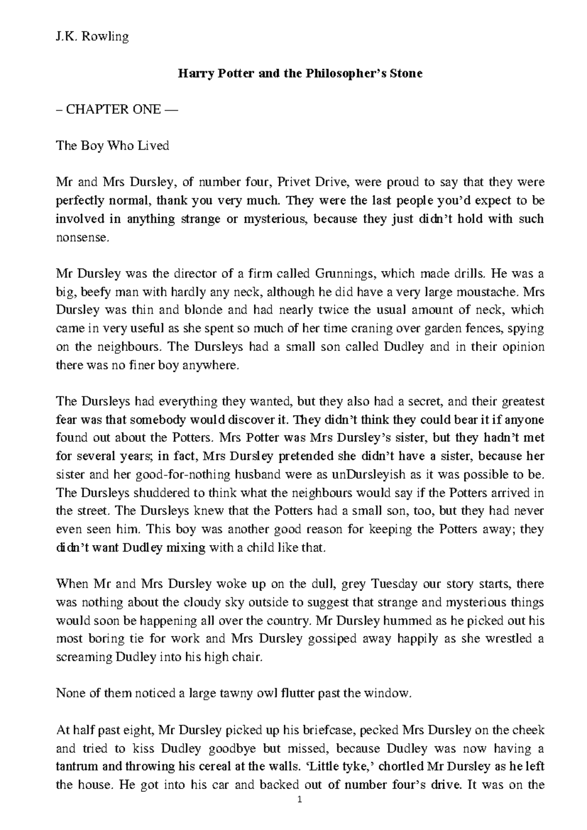Harry Potter and the Philosopher's Stone: Chapter 1 Summary - Studocu