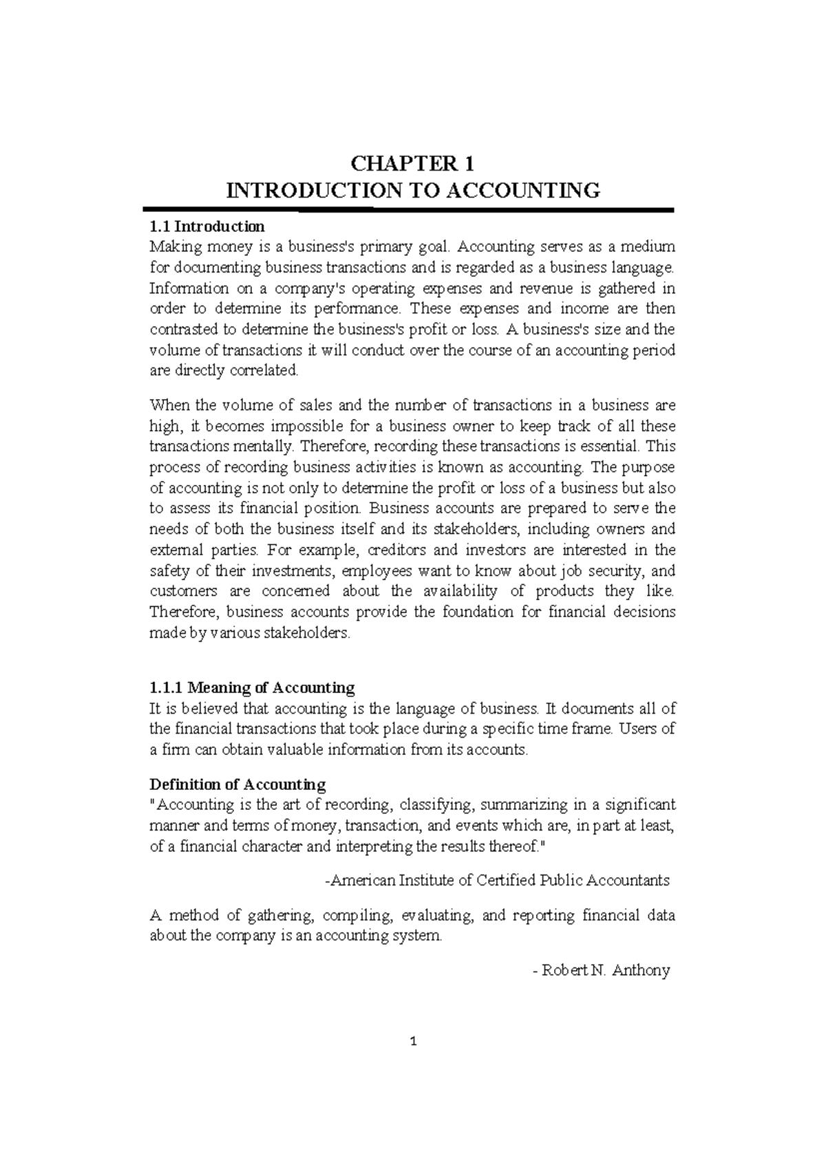 CHAPTER 1: INTRODUCTION TO ACCOUNTING - KEY CONCEPTS AND PRINCIPLES ...