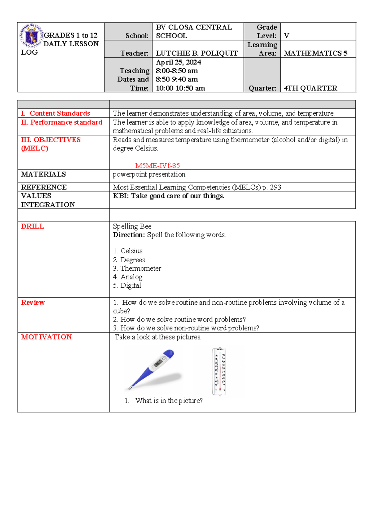 Lesson Plan: Reading & Measuring Temperature with Thermometers Math 5 ...