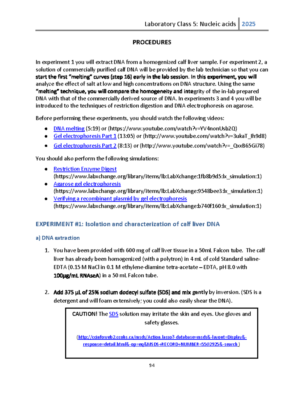 Laboratory Class 5: Nucleic Acids Procedures and Experiments 2025 - Studocu