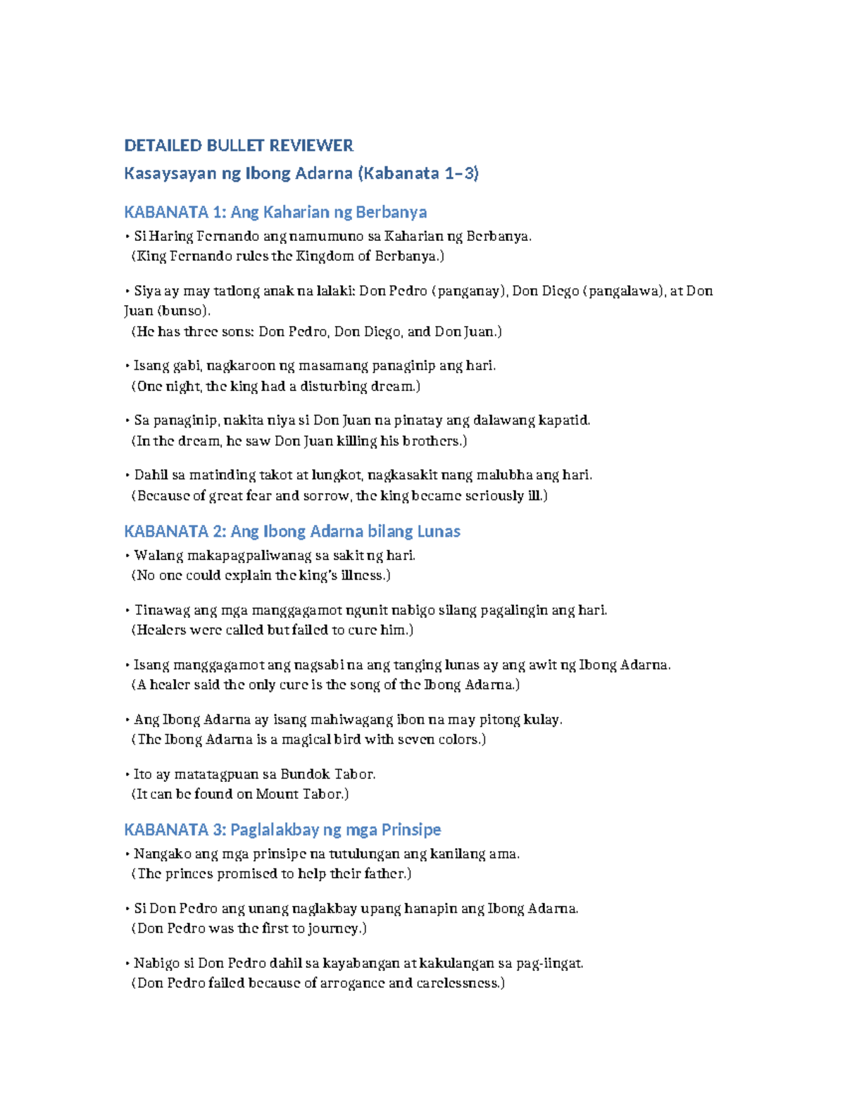 Detailed Bullet Reviewer: Ibong Adarna Kabanata 1-3 - Studocu