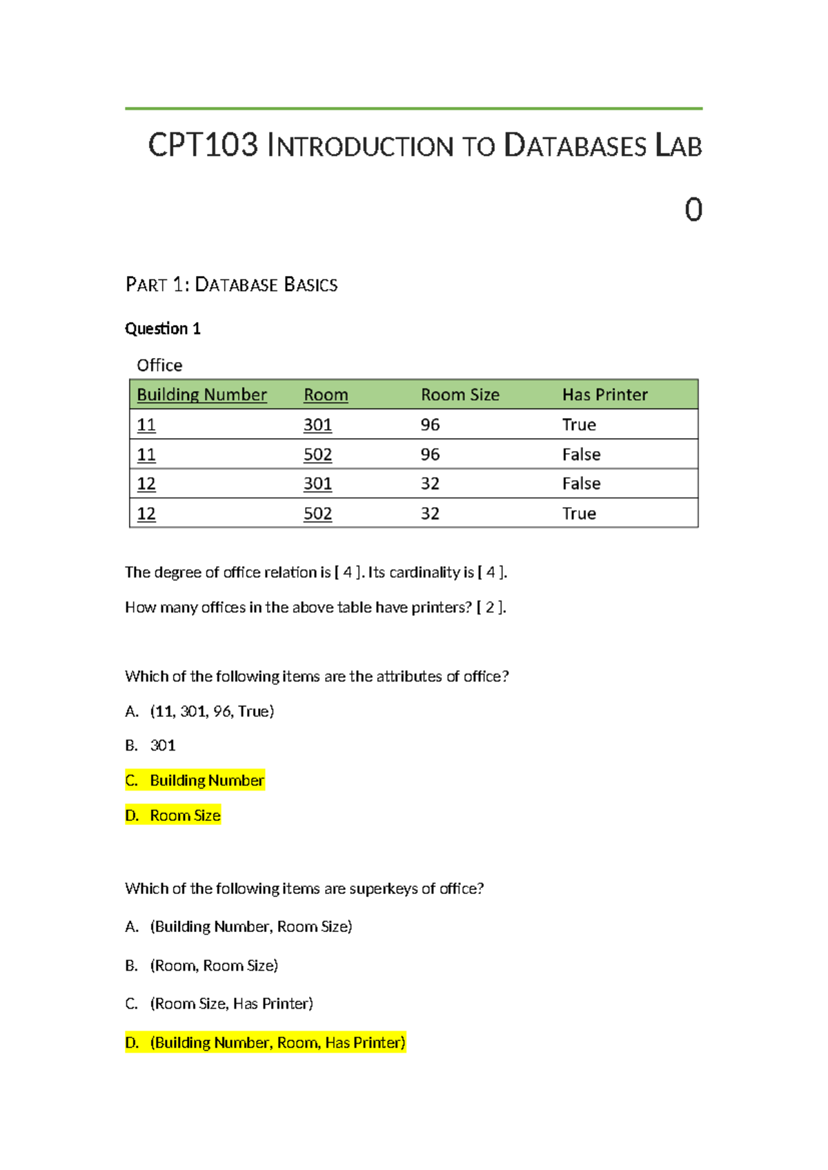 CPT103 DATABASES LAB 0: DATABASE BASICS & TABLE CREATION ANSWERS - Studocu
