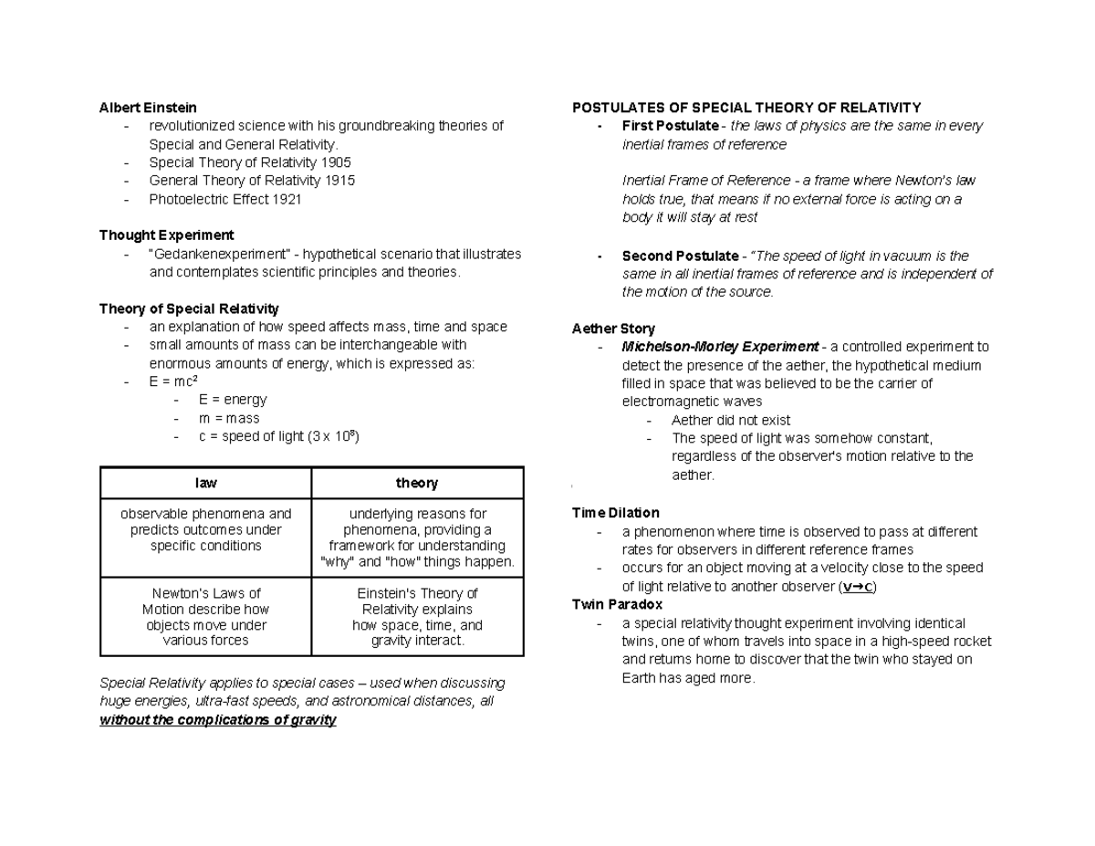 GEN PHYS2 WW2 - Einstein's Relativity Notes and Key Concepts - Studocu