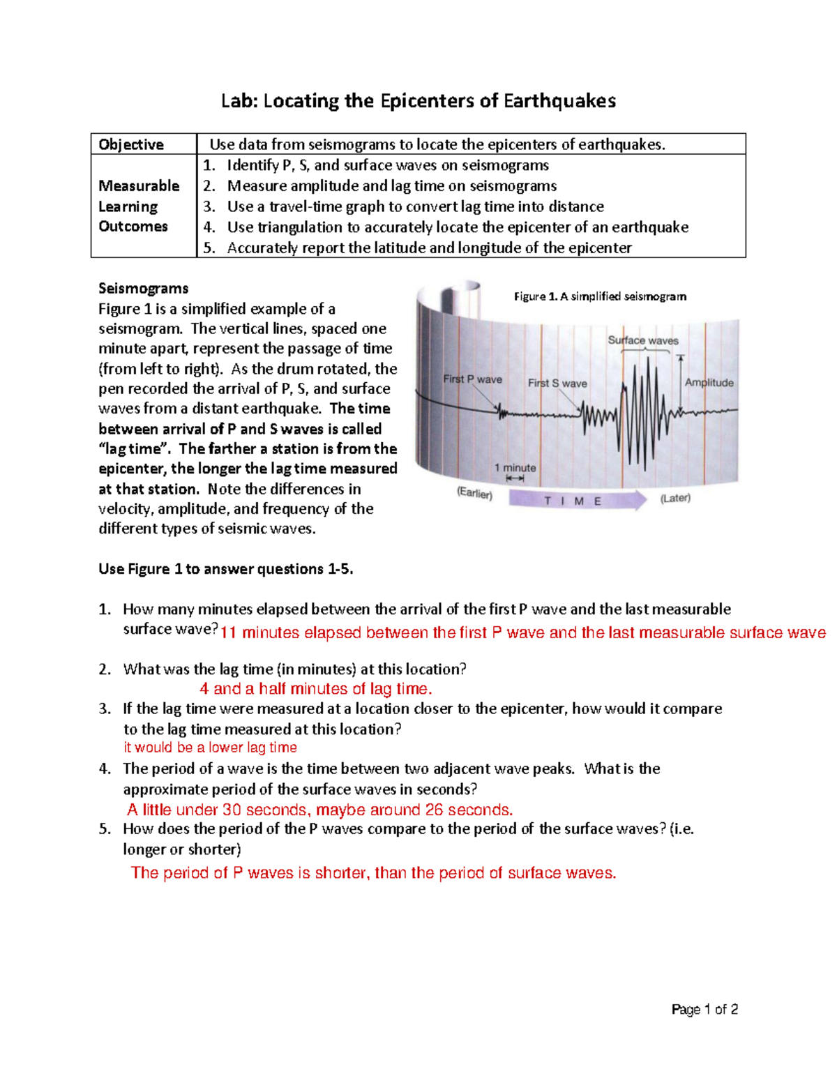 Lab 8 - earthquake lab - Lab: Locating the Epicenters of Earthquakes ...