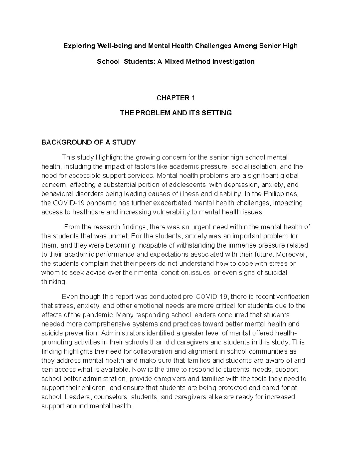 Mental Health Challenges Among Senior High School Students: A Mixed ...