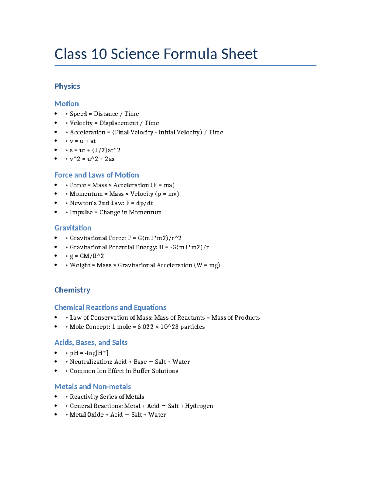 Class 10 Science Formula Sheet: Physics & Chemistry Essentials - Studocu