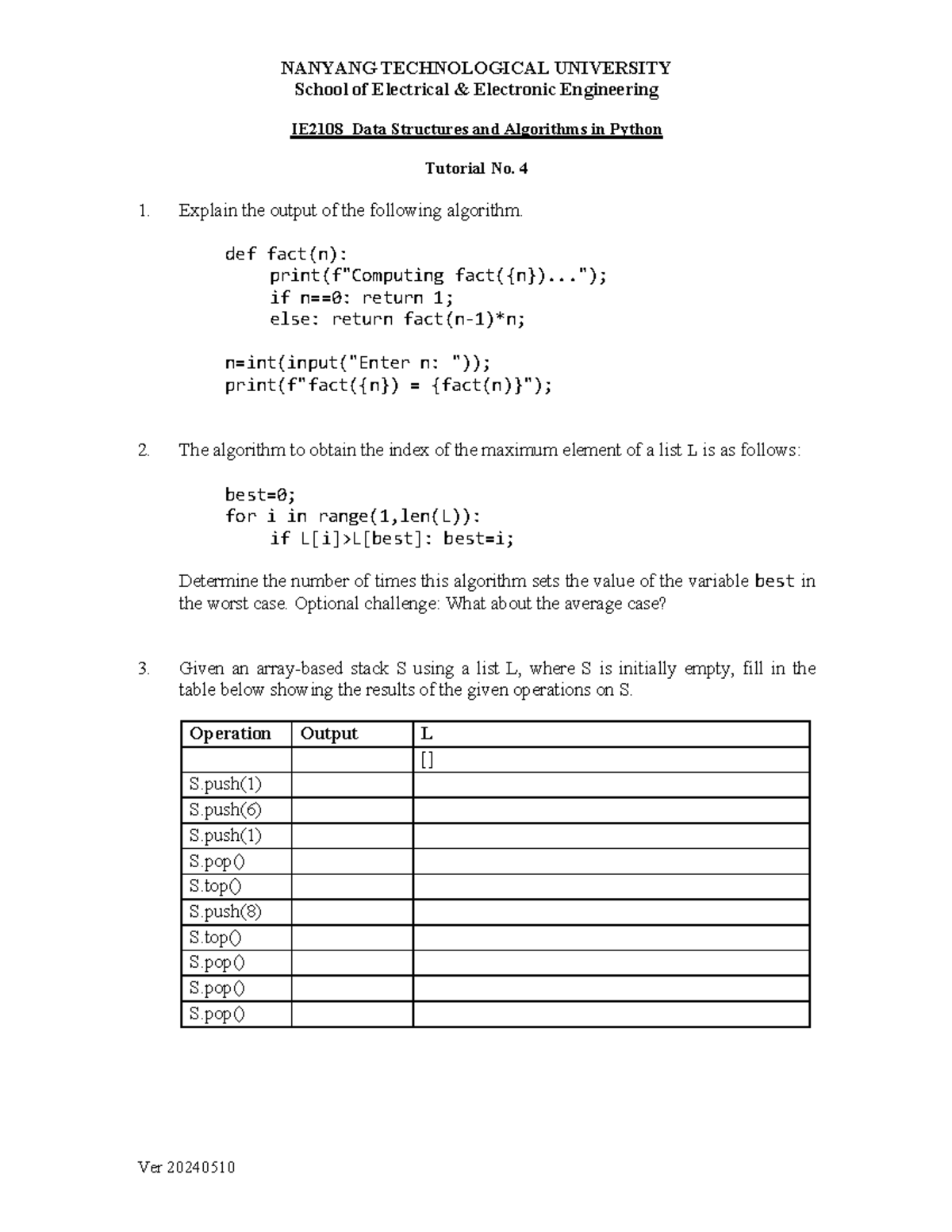 IE2108 Data Structures & Algorithms in Python Tutorial 04 - Studocu