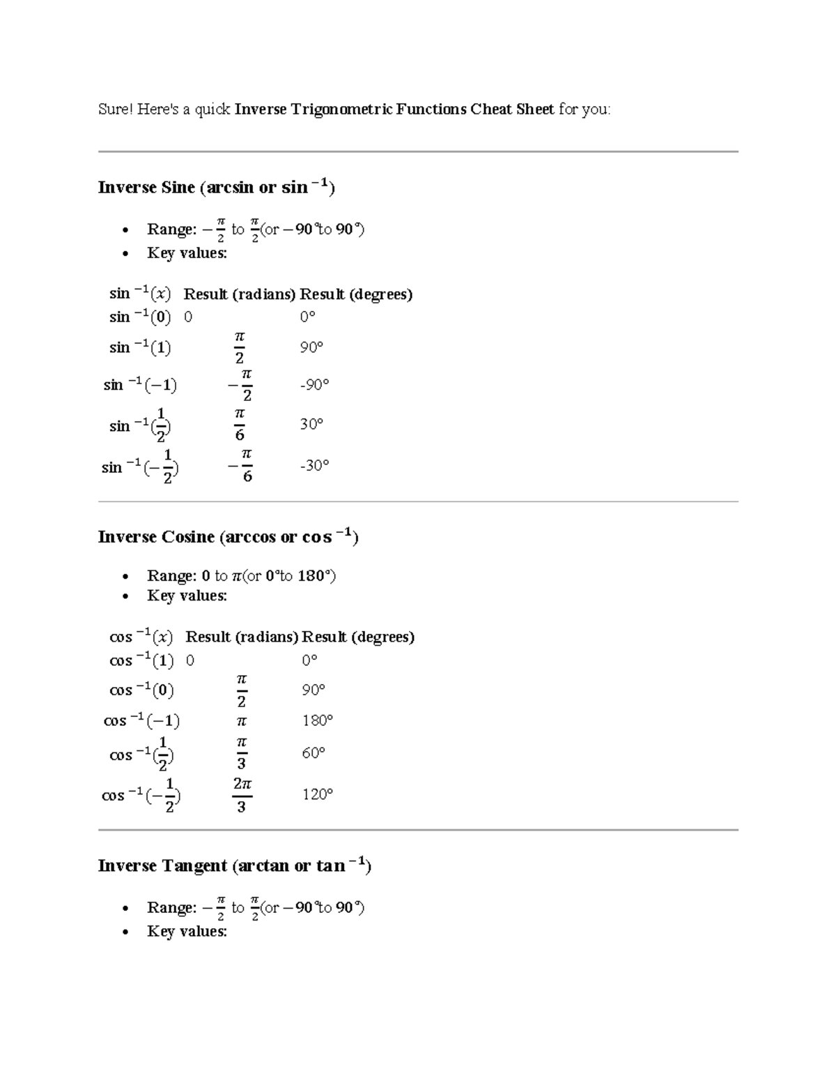 Inverse Trigonometric Functions Cheat Sheet for Trig Course - Studocu