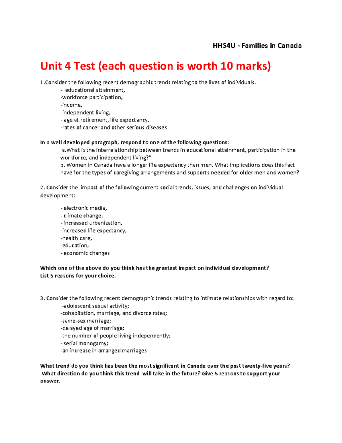 HHS4U - Unit 4 Test: Demographic Trends and Family Dynamics - Studocu