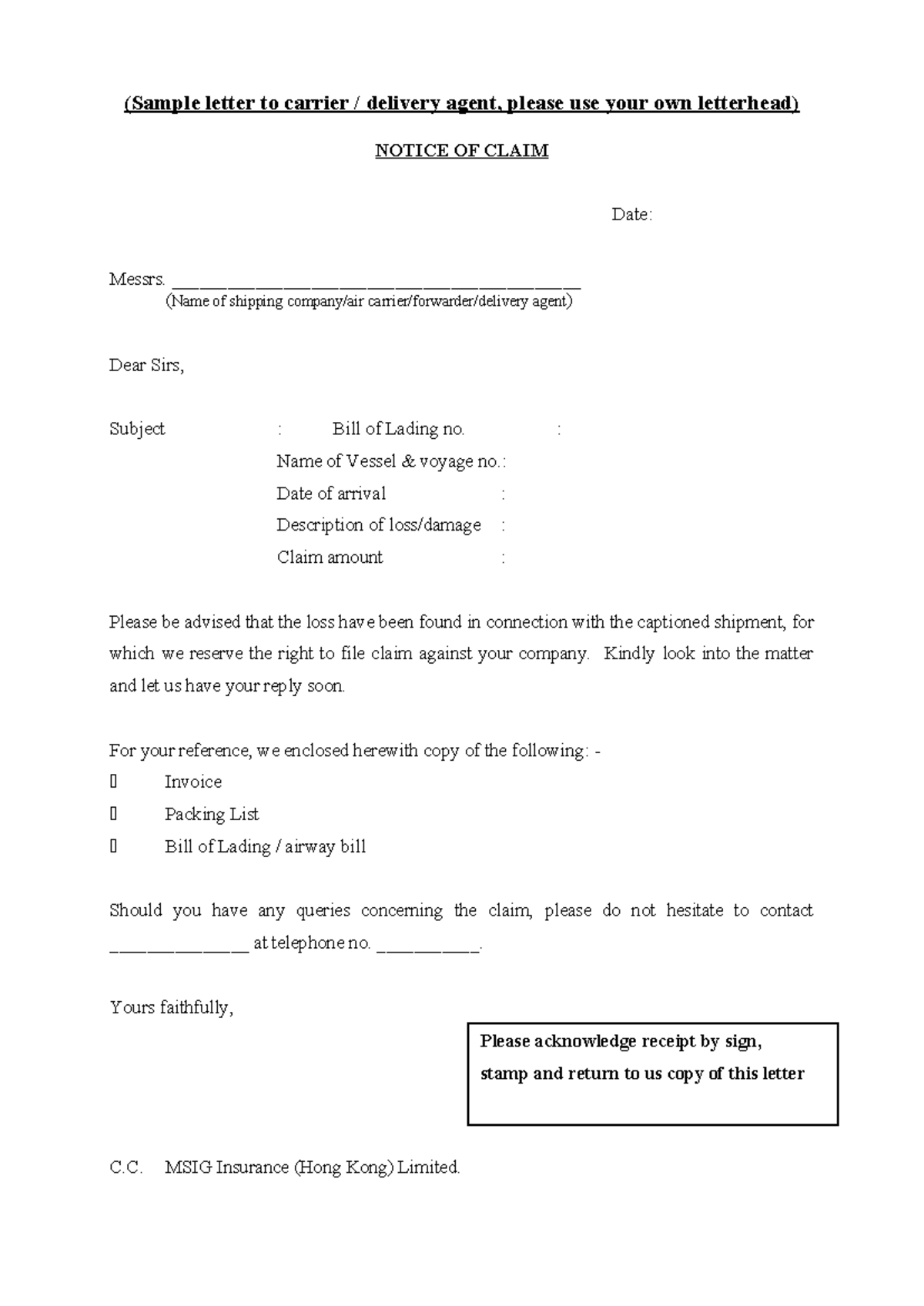Marine Cargo - Notice of Claim Template (Sample Letter) - Studocu
