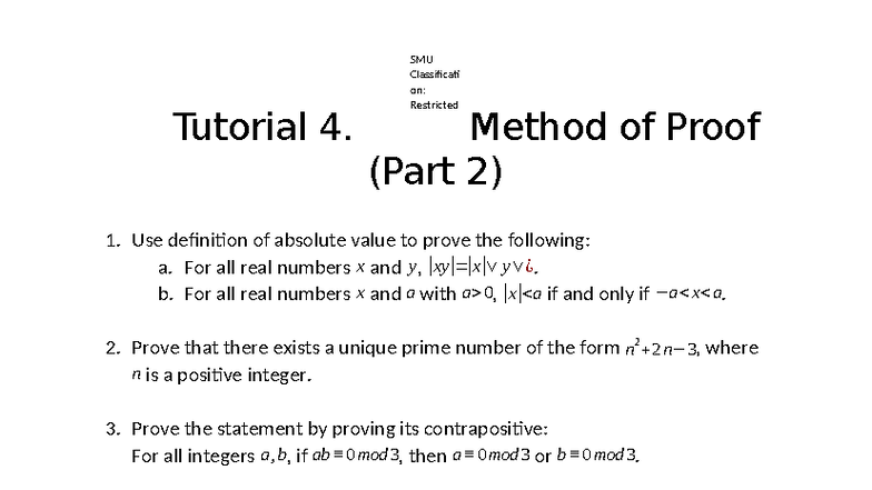 SMU Discrete Mathematics: Method of Proof Tutorial 4 - Studocu