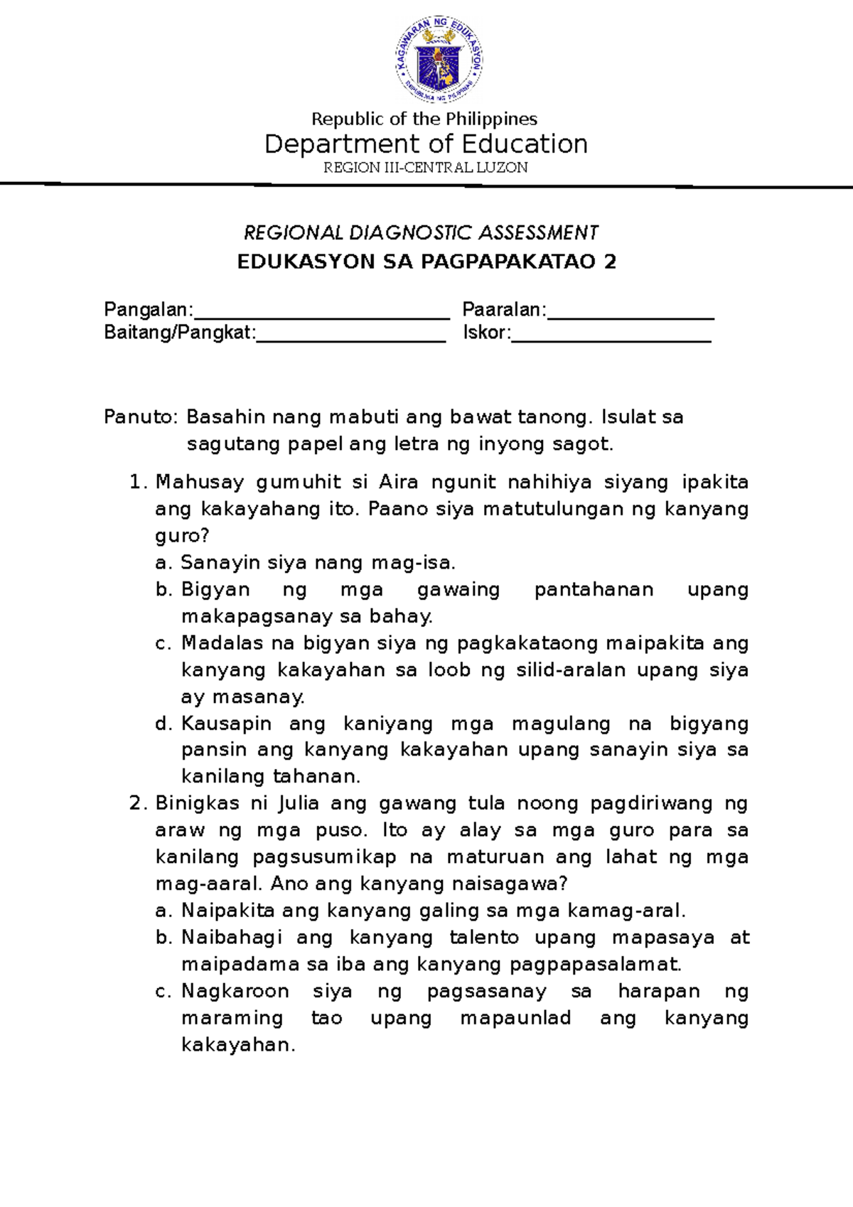 Diagnostic Assessment Es P Grade 2 - Department of Education REGION III ...