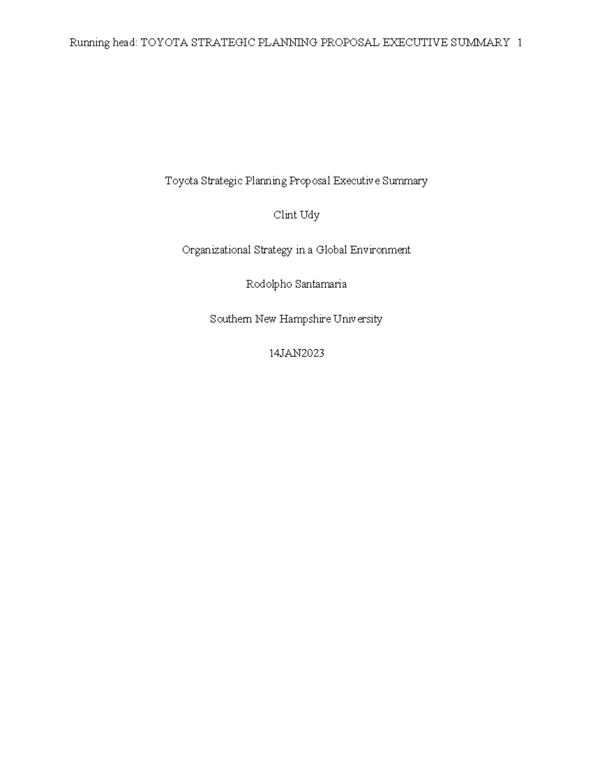 MBA540 Toyota Strategic Planning Proposal: Executive Summary Analysis ...