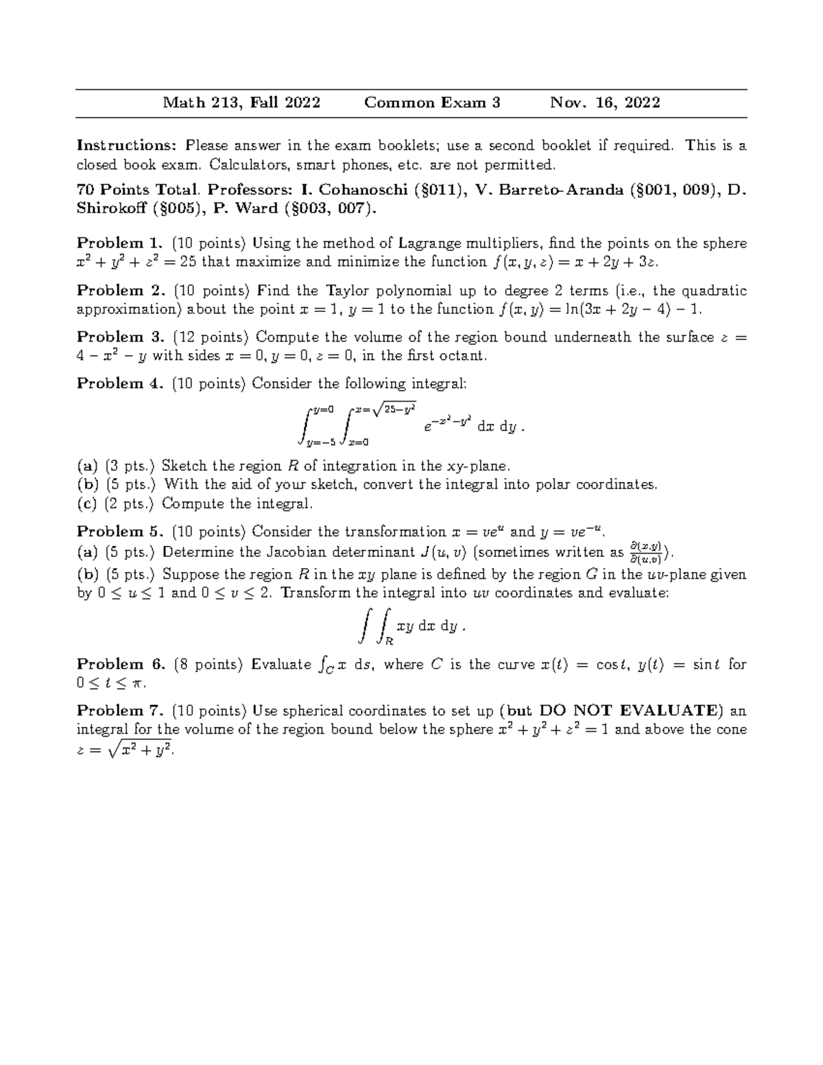 Math 213, Fall 2022 Common Exam 3 - Nov 16, 2022 Instructions - Studocu