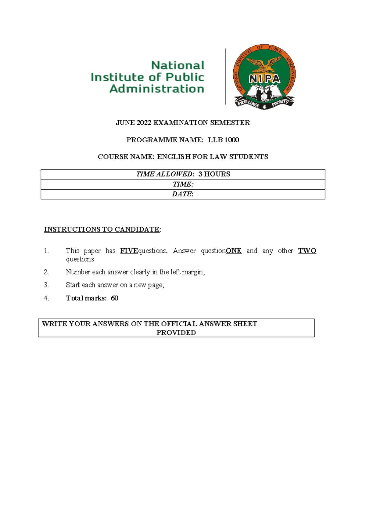 LLB English for Law Students: June 2022 Exam Paper - Studocu