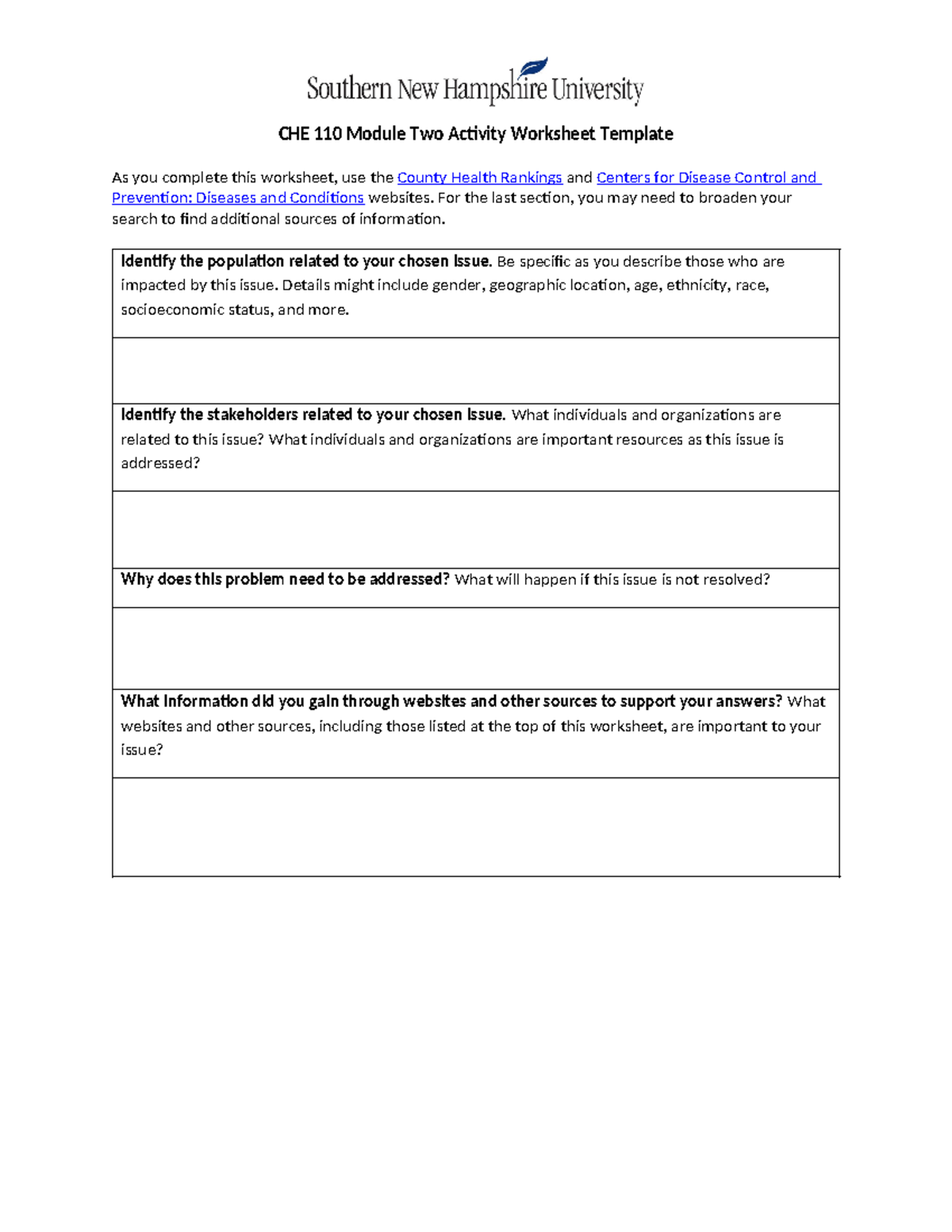 CHE 110 Module Two Activity Worksheet: Health Issue Analysis - Studocu