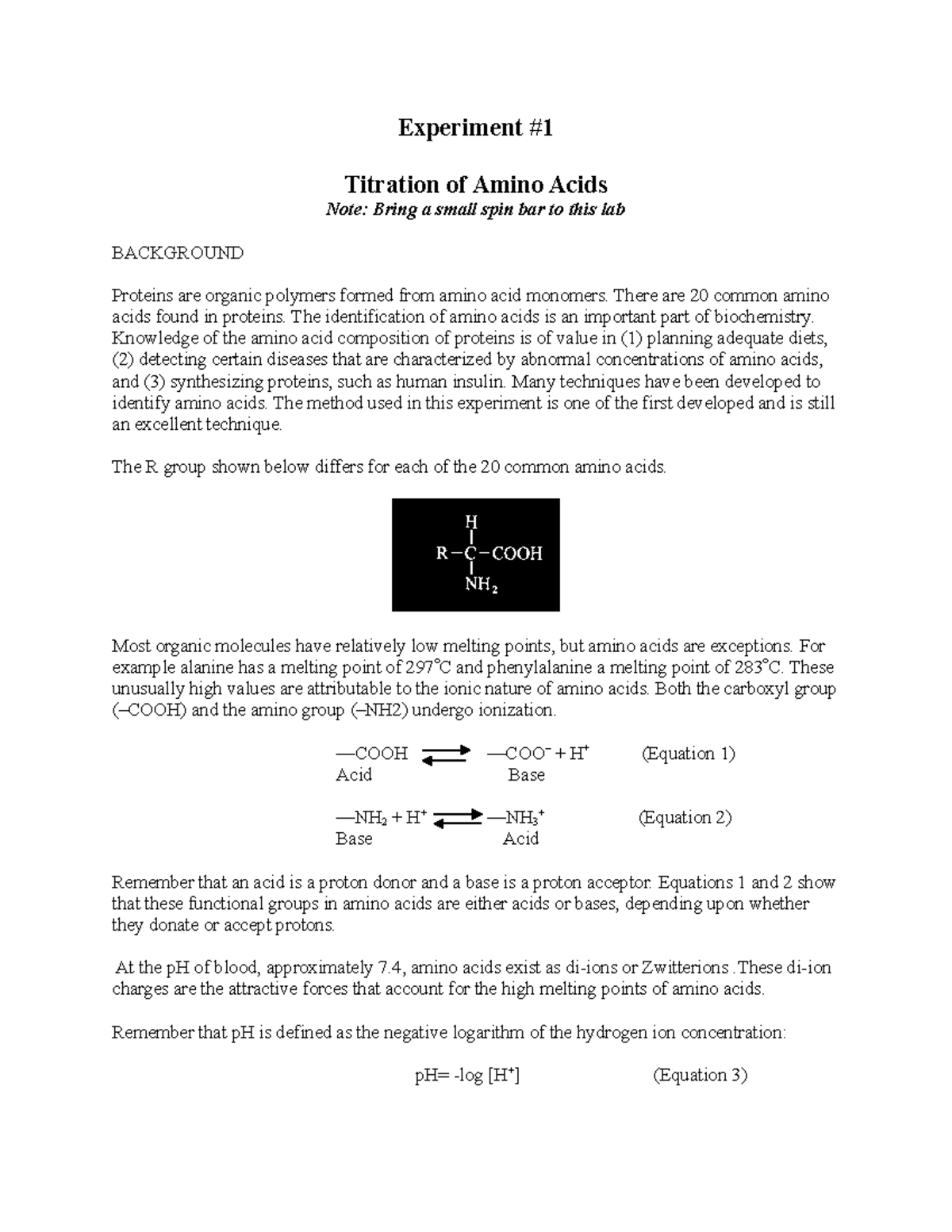 Experiment 1: Titration of Amino Acids and Their Properties - Studocu
