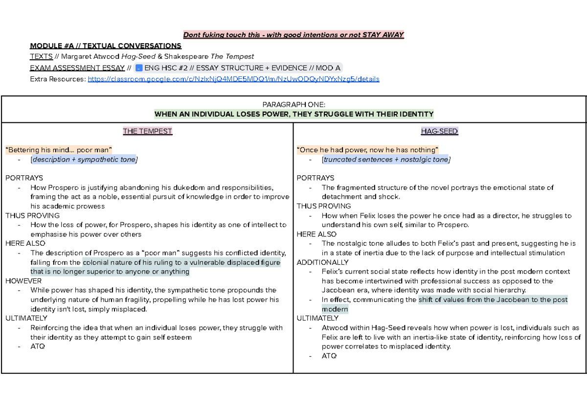 ENG HSC MOD A Essay Structure: Power & Identity in The Tempest & Hag ...