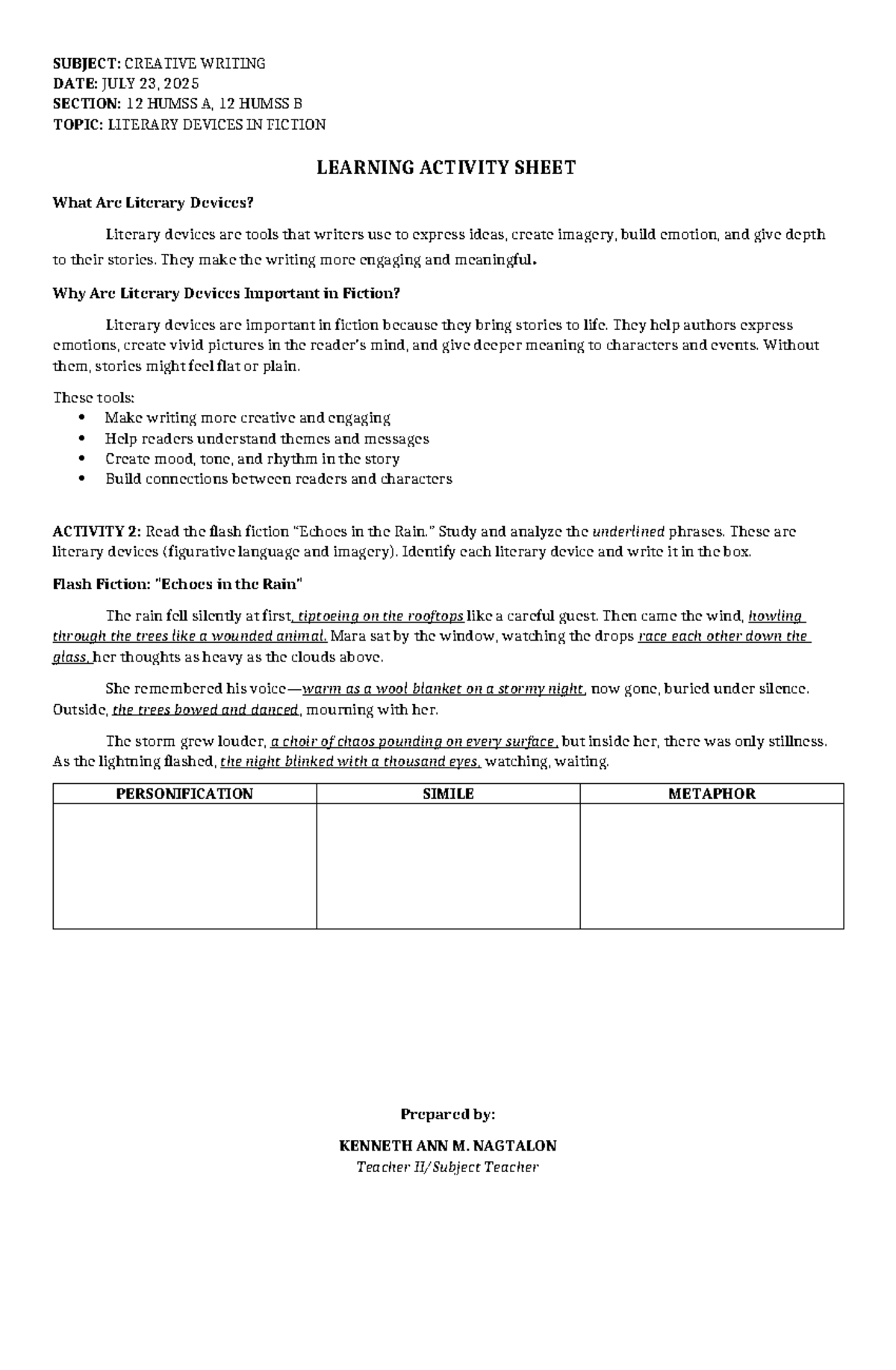 Creative Writing Activity: Literary Devices & Elements of Fiction (12 ...