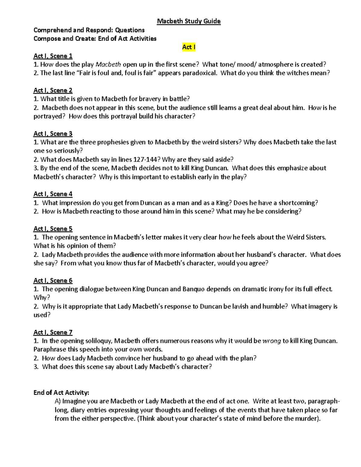 Elab10 Macbeth Study Guide: Act I to Act V Questions and Activities ...