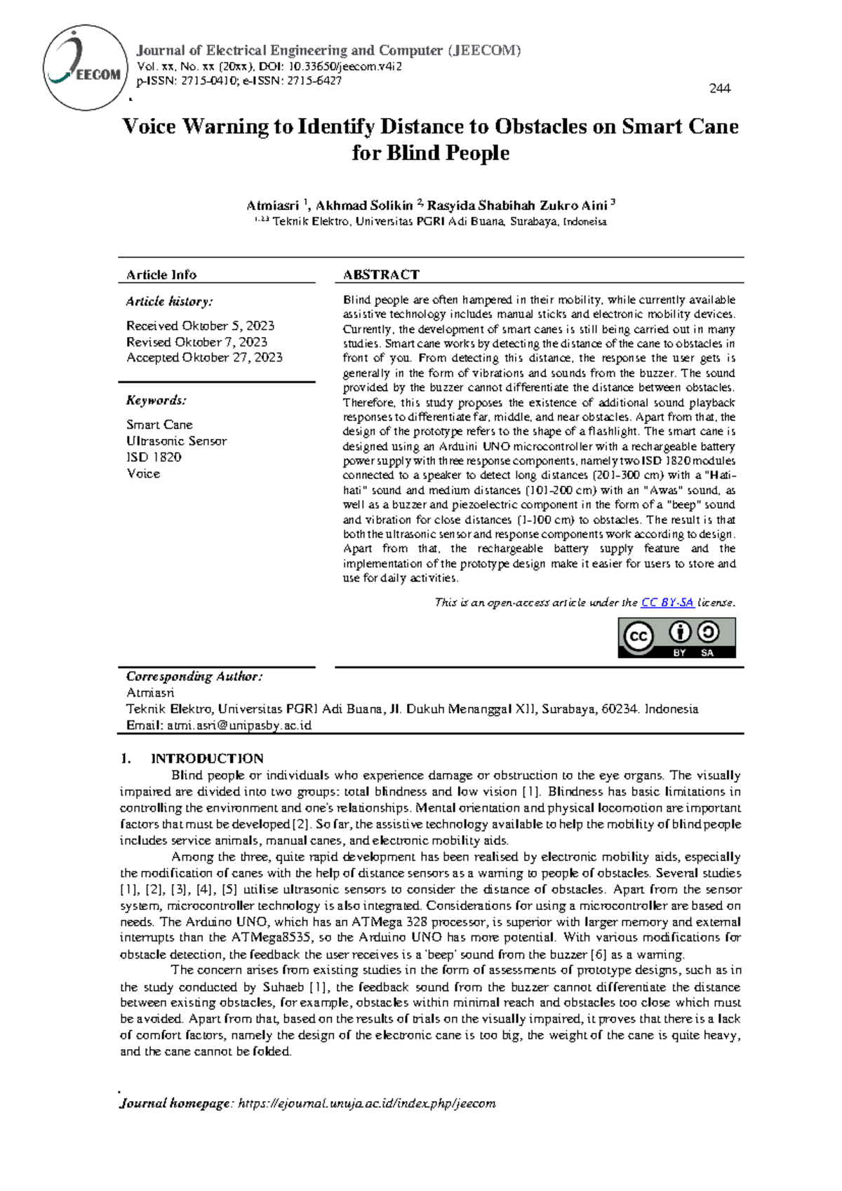 Voice Warning System for Smart Cane: Enhancing Obstacle Detection ...