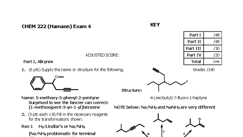 KEY CHEM (Hamann) Exam 4 Practice Test: Alkynes & Alkenes - Studocu