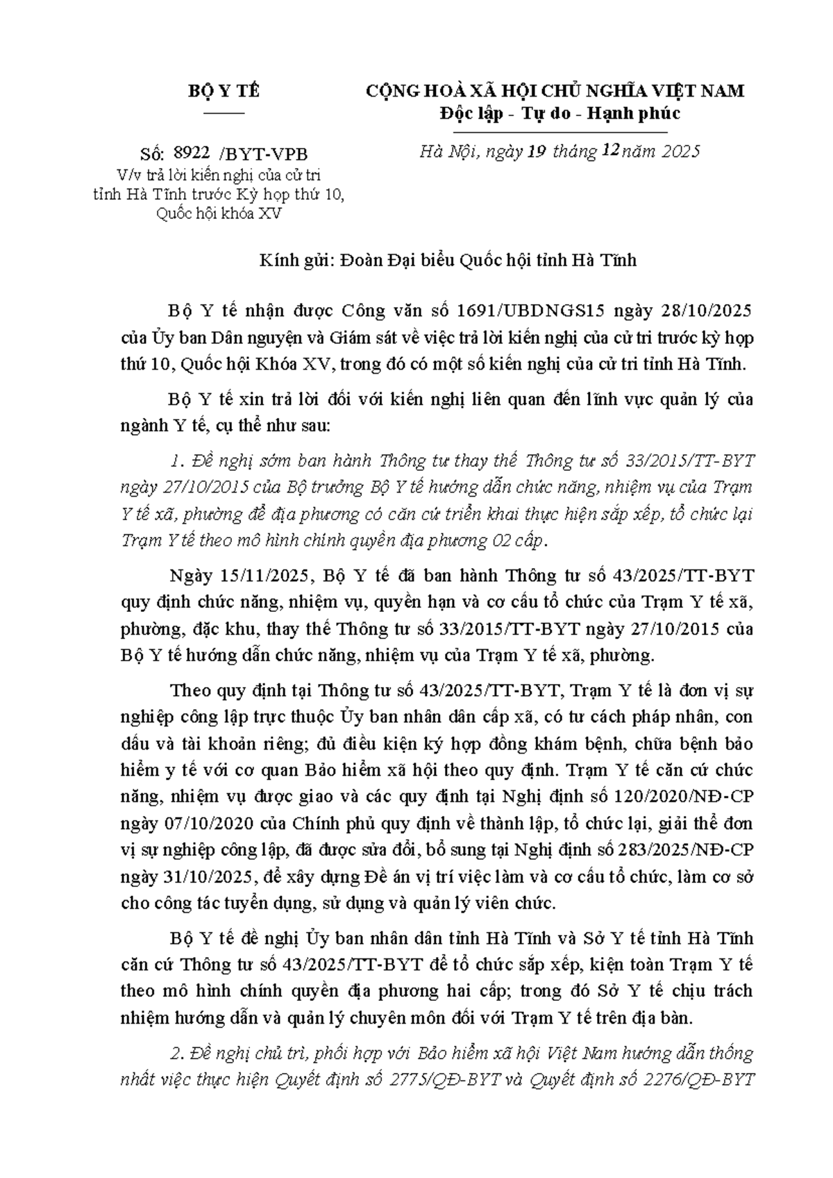 Trả Lời Kiến Nghị Cử Tri Tỉnh Hà Tĩnh Trước Kỳ Họp XV - 1512 - Studocu