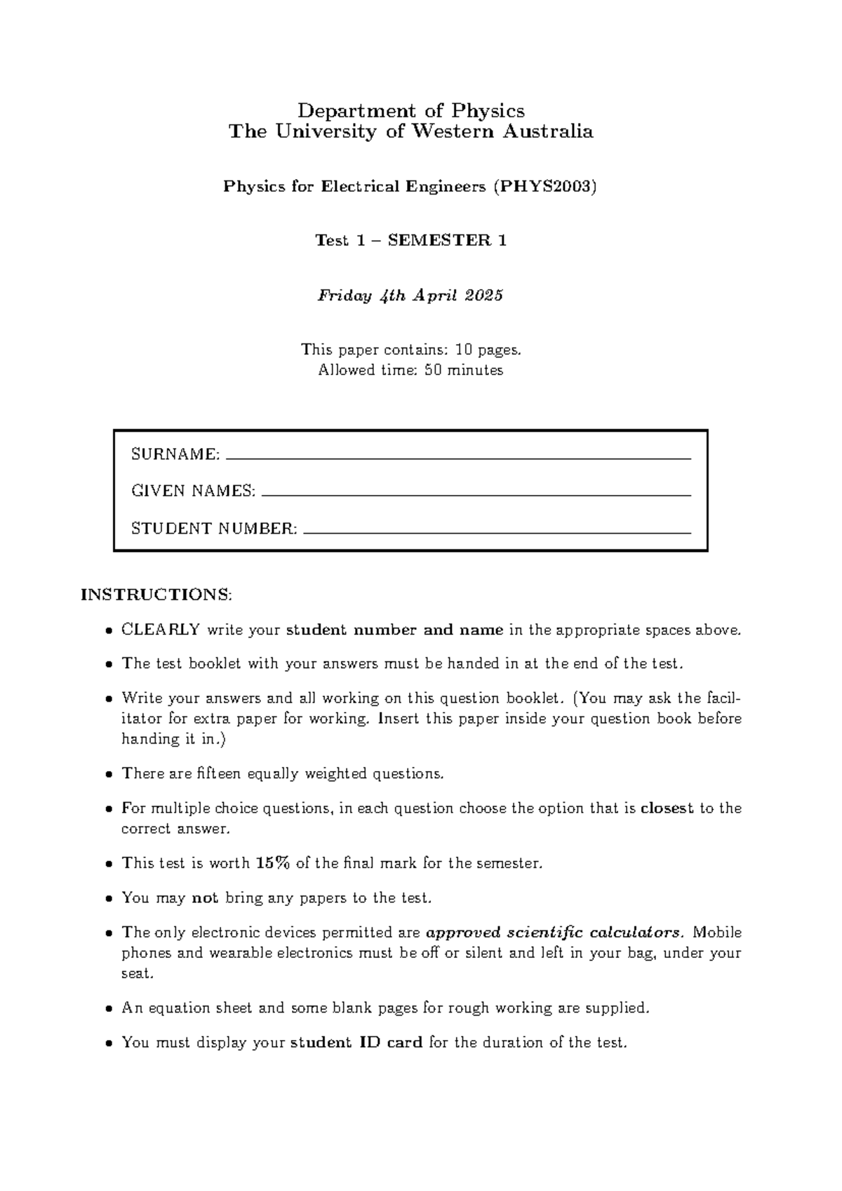 PHYS2003 Test 1 Semester 1 2025 - Physics for Electrical Engineers ...