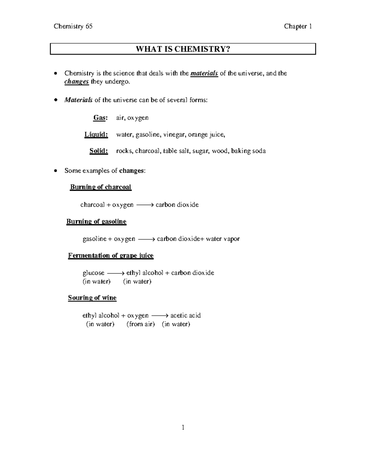 Chemistry 65 Chapter 1 Study Notes: Introduction to Chemistry - Studocu