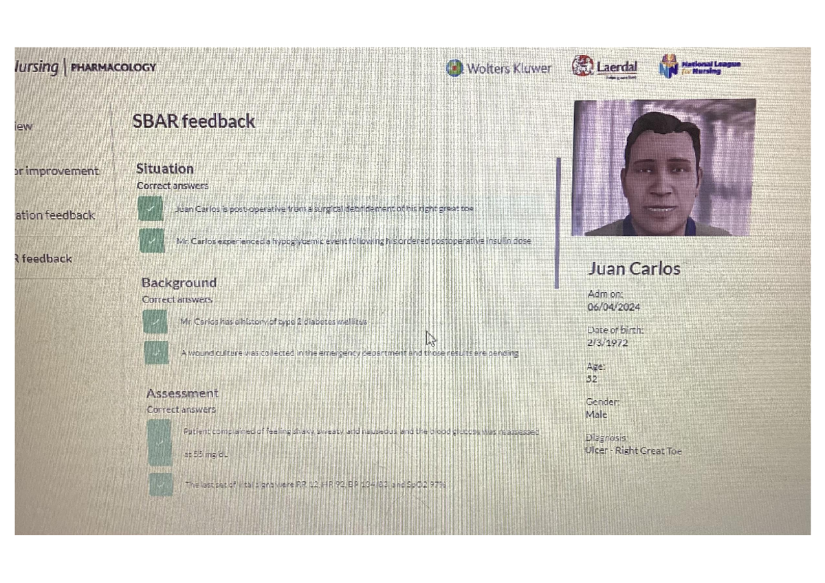 SBAR Documentation for Juan Carlos - VSim Case Study - Studocu