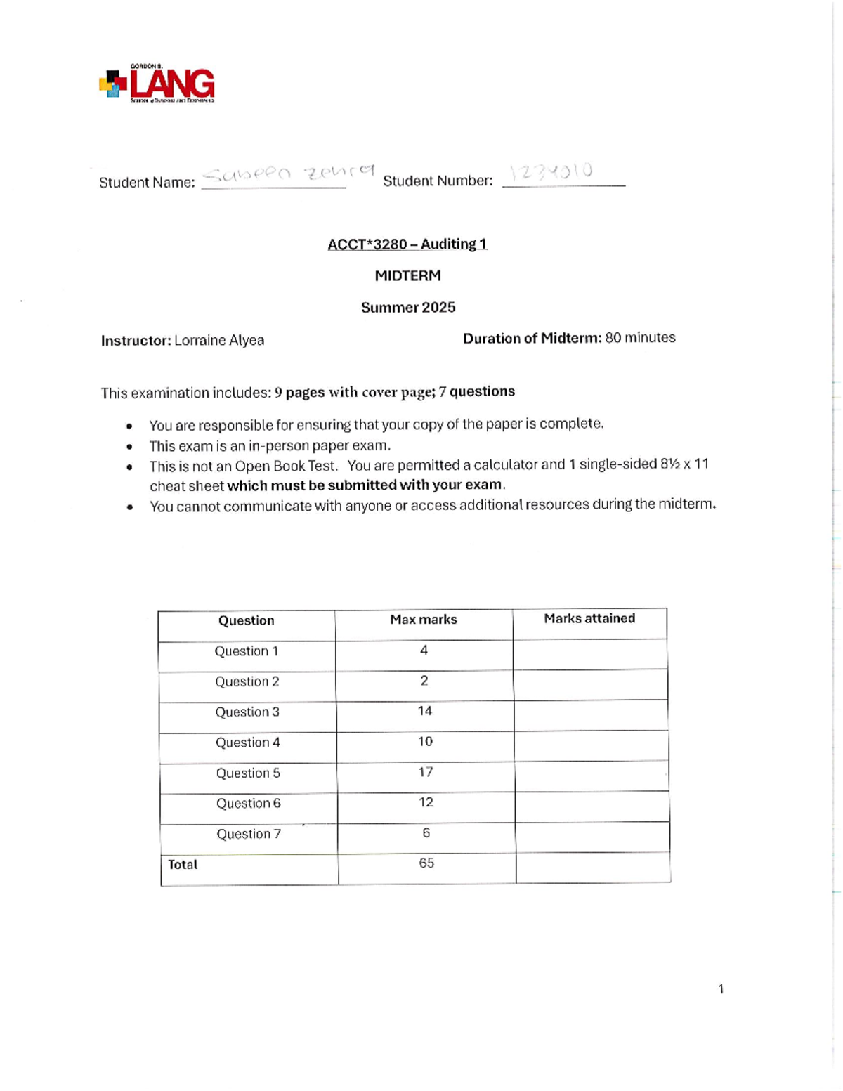 GORDON S. LANG SCHOOL OF BUSINESS AND ECONOMICS Auditing 1 MIDTERM ...