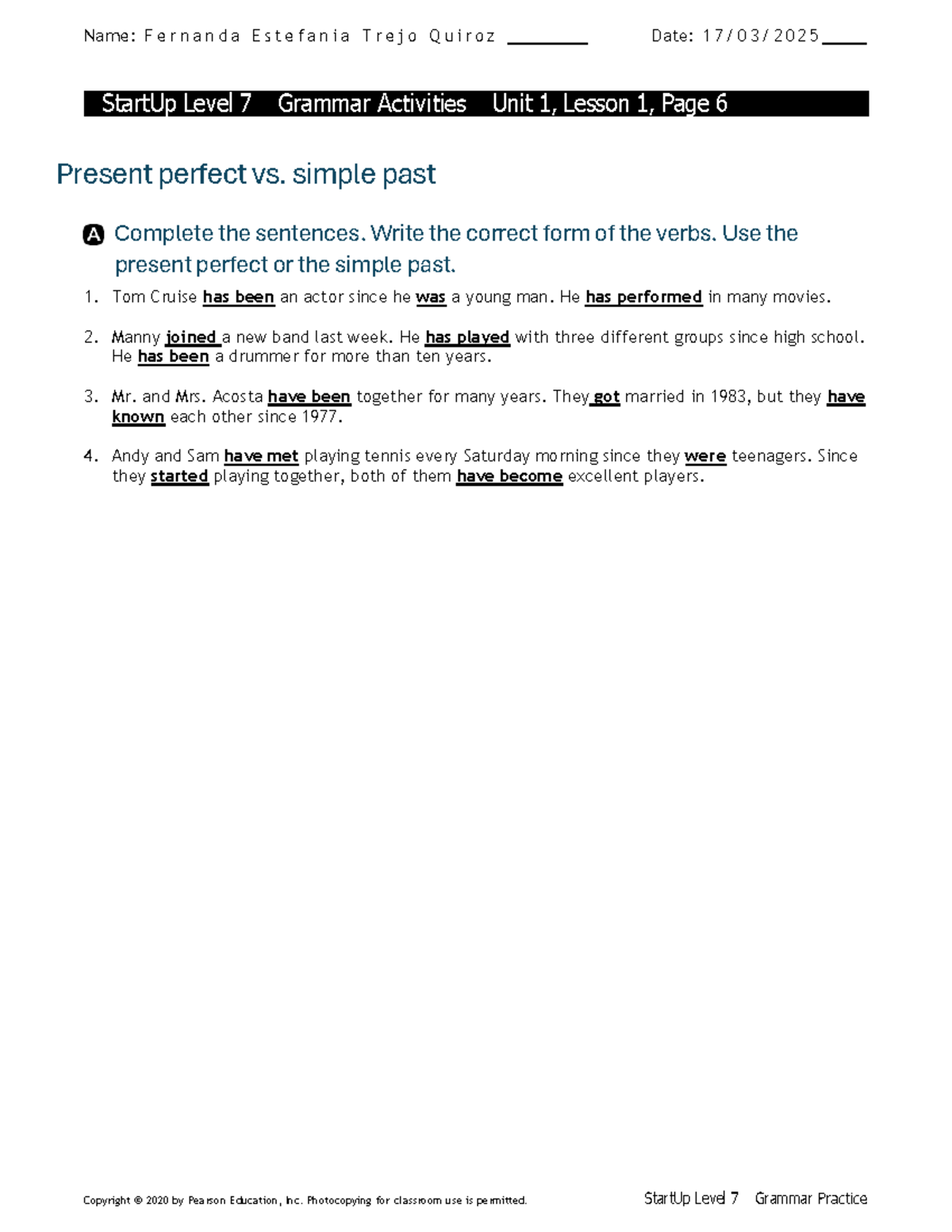 StartUp Level 7 Grammar Activities: Present Perfect vs. Simple Past ...