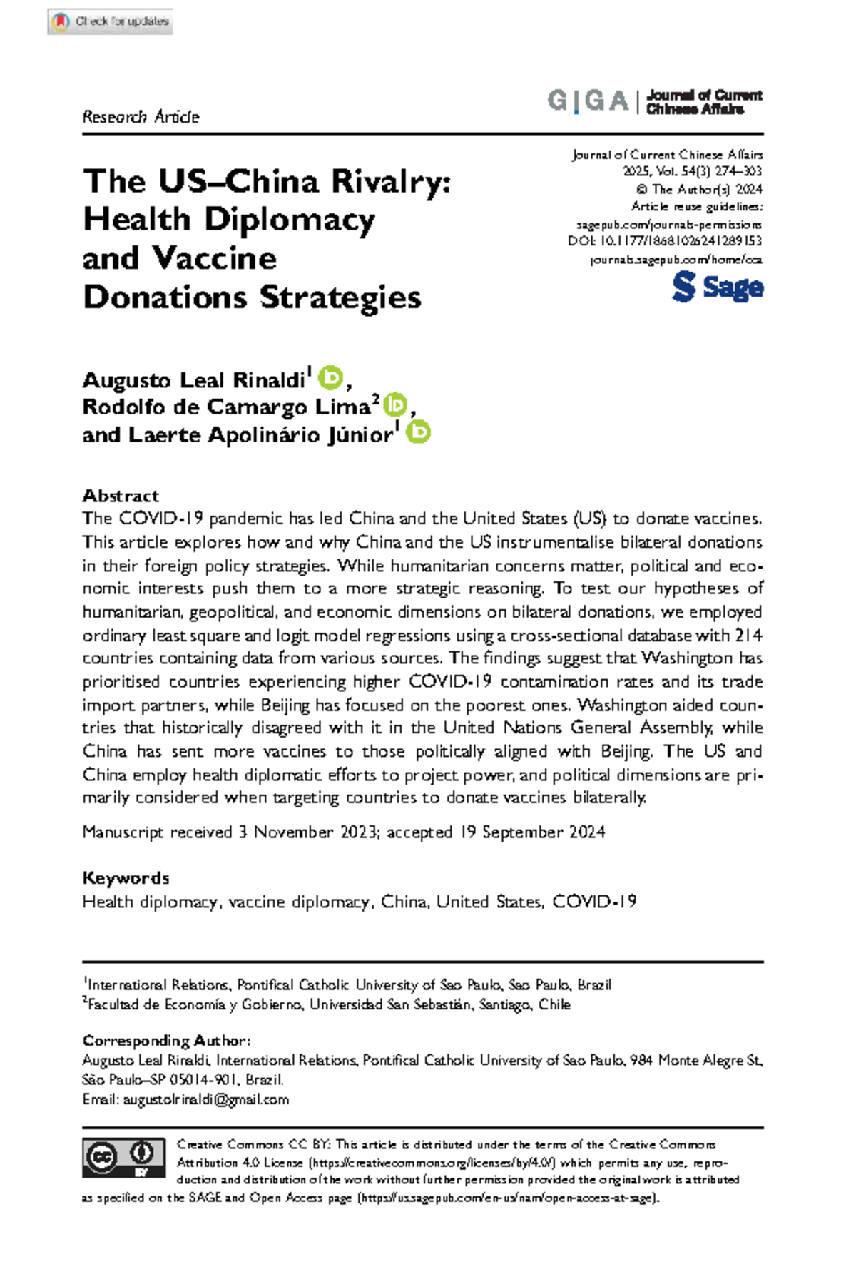 Rinaldi et al. 2024: US-China Rivalry in Health Diplomacy & Vaccine ...