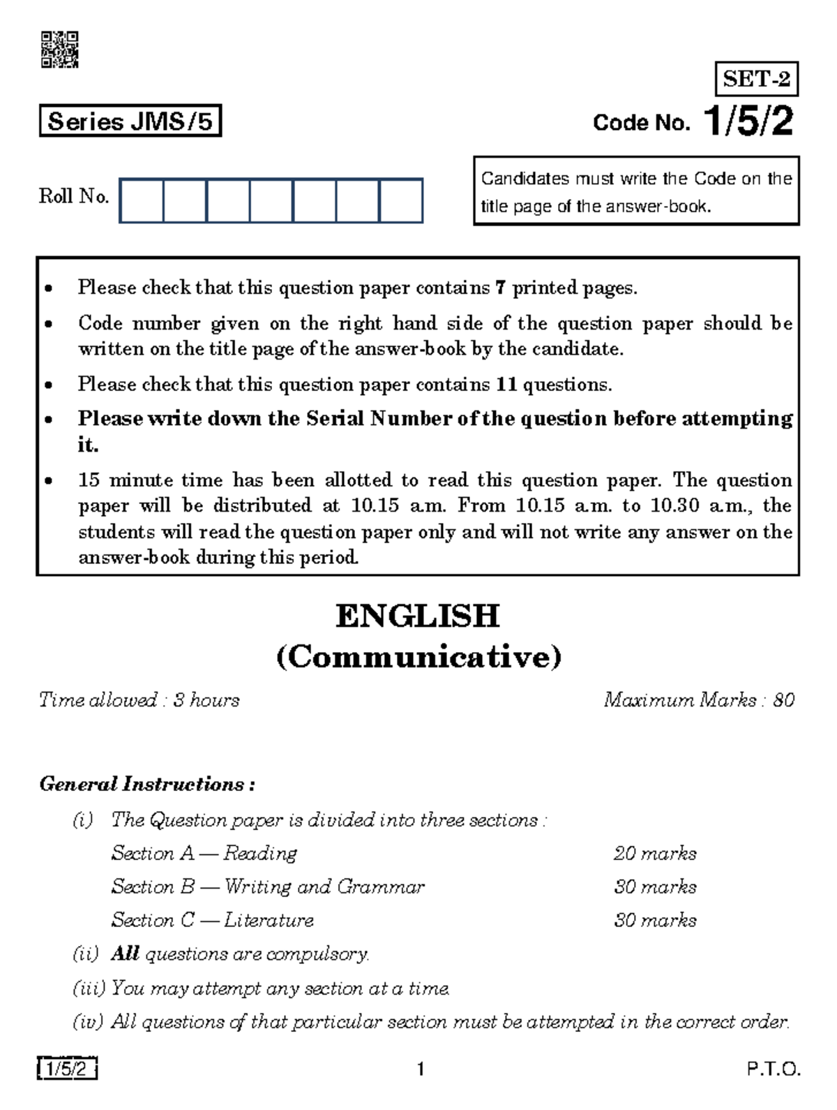 English (Communicative) Exam Paper - Code No. 1-5-2 - Studocu