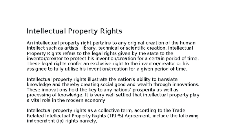 Intellectual Property Rights Overview: Key Concepts and Treaties - Studocu