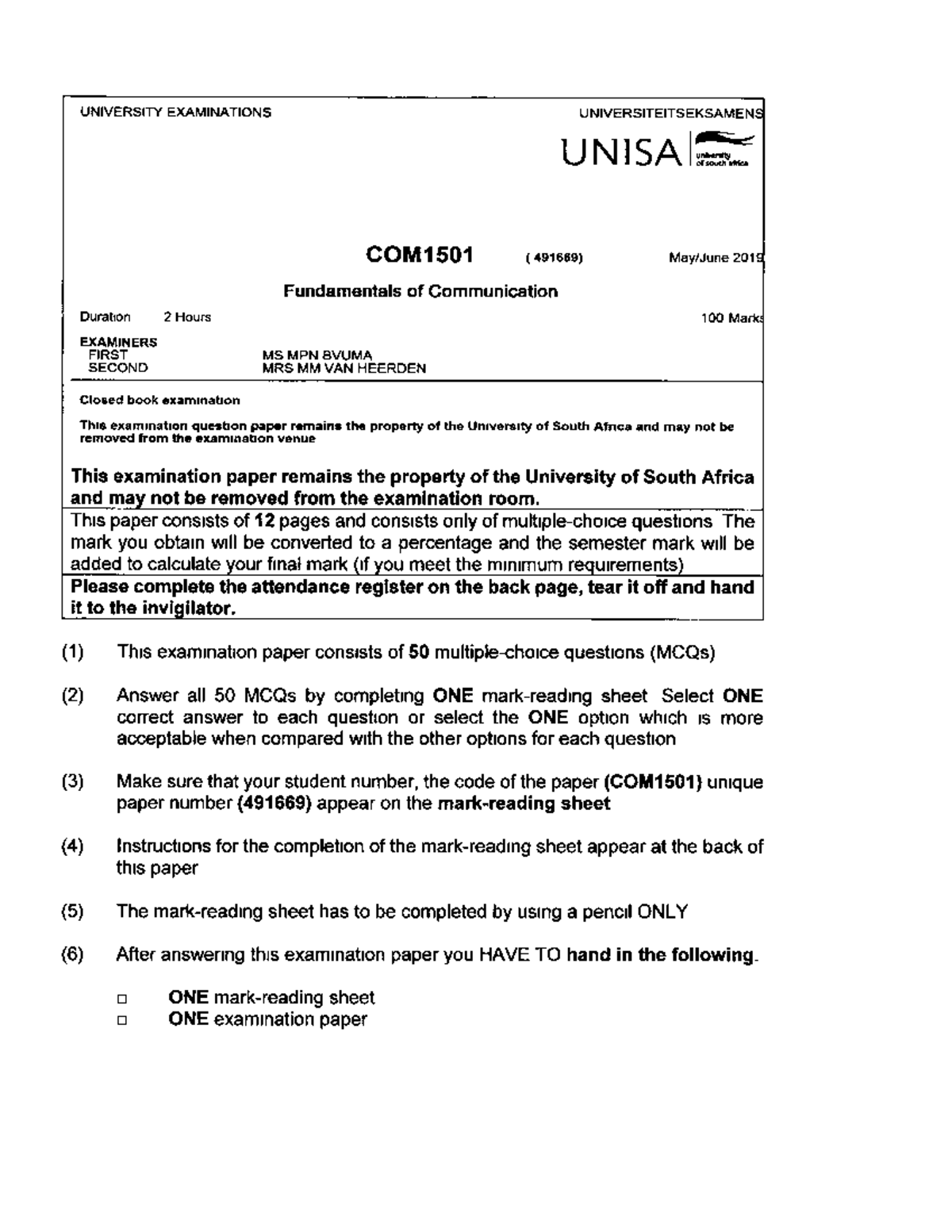 COM1501 June 2019 Final Exam Study Guide - Studocu