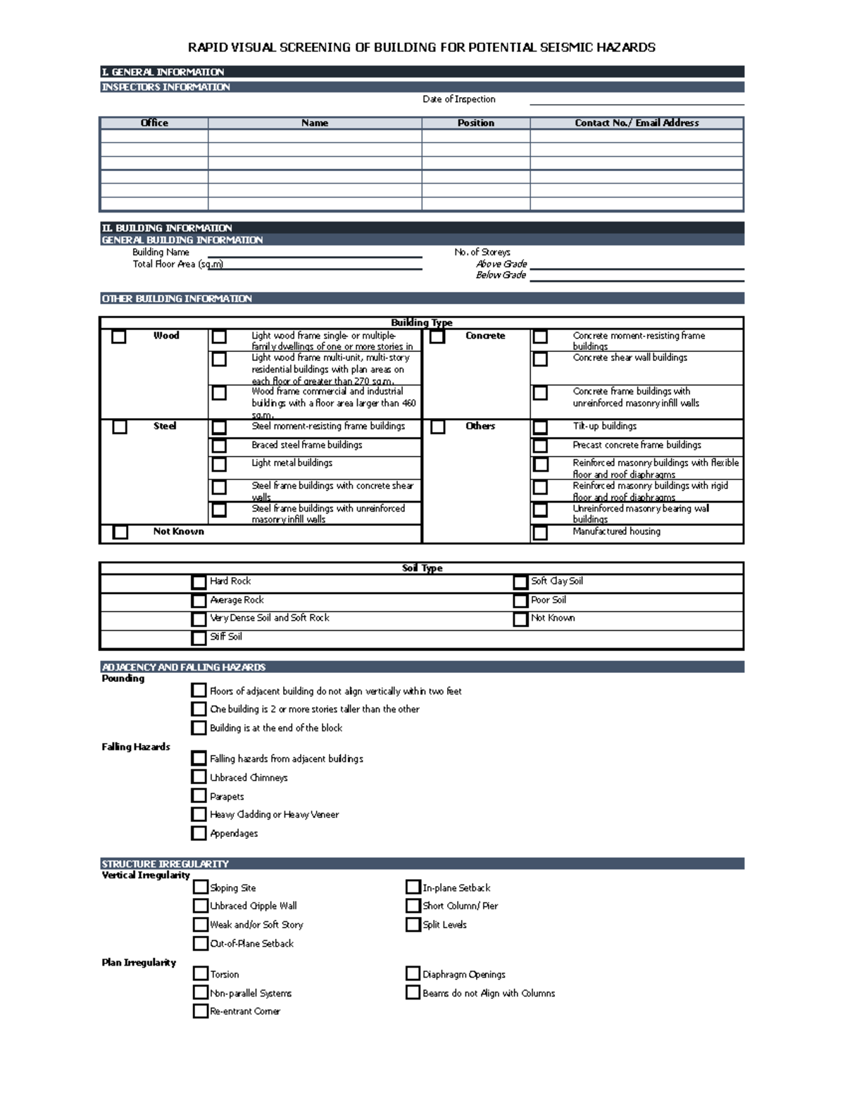 FORM2A - Rapid Visual Screening Inspection for Seismic Hazards - Studocu