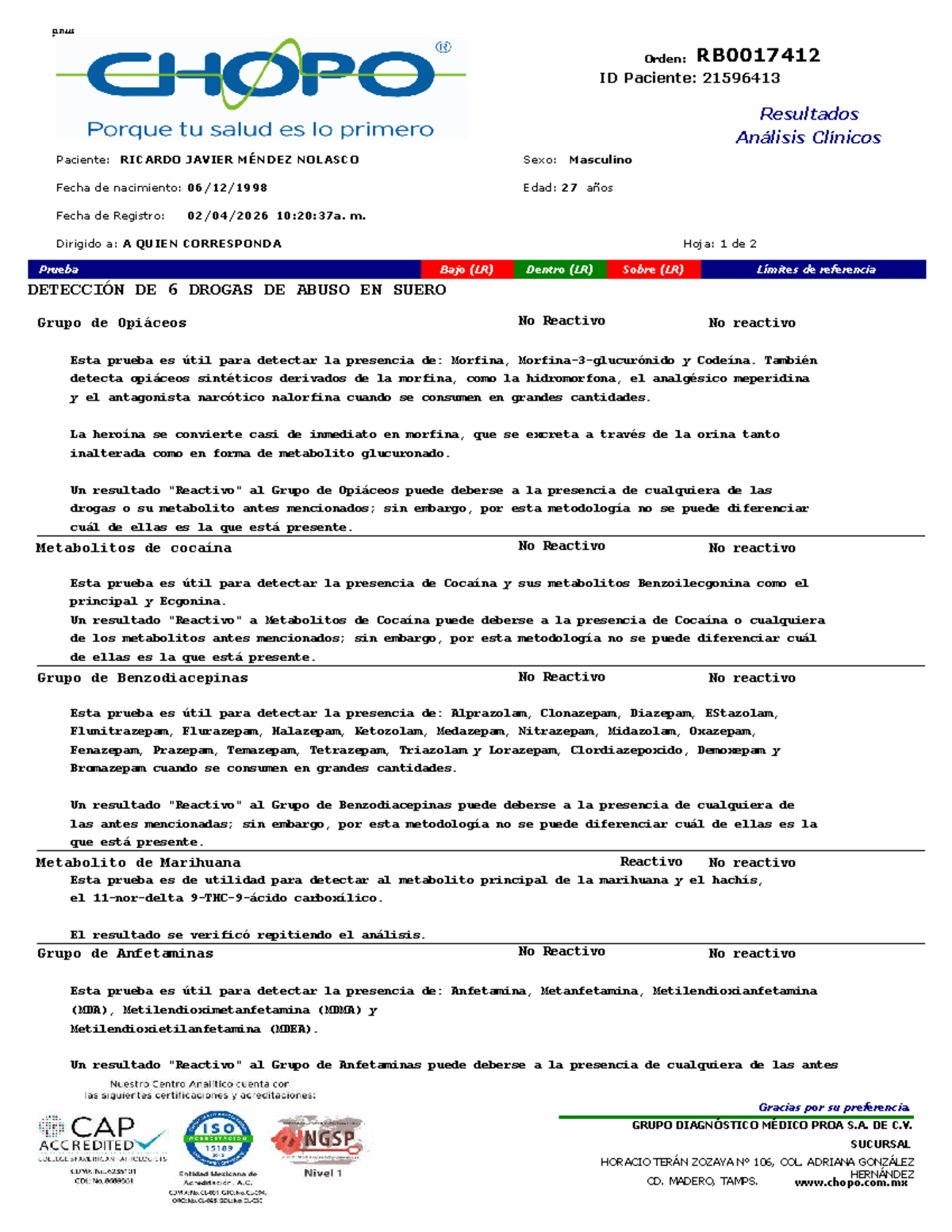 Resultados de Análisis Clínicos - Antidoping Chopo 5127445 - Studocu