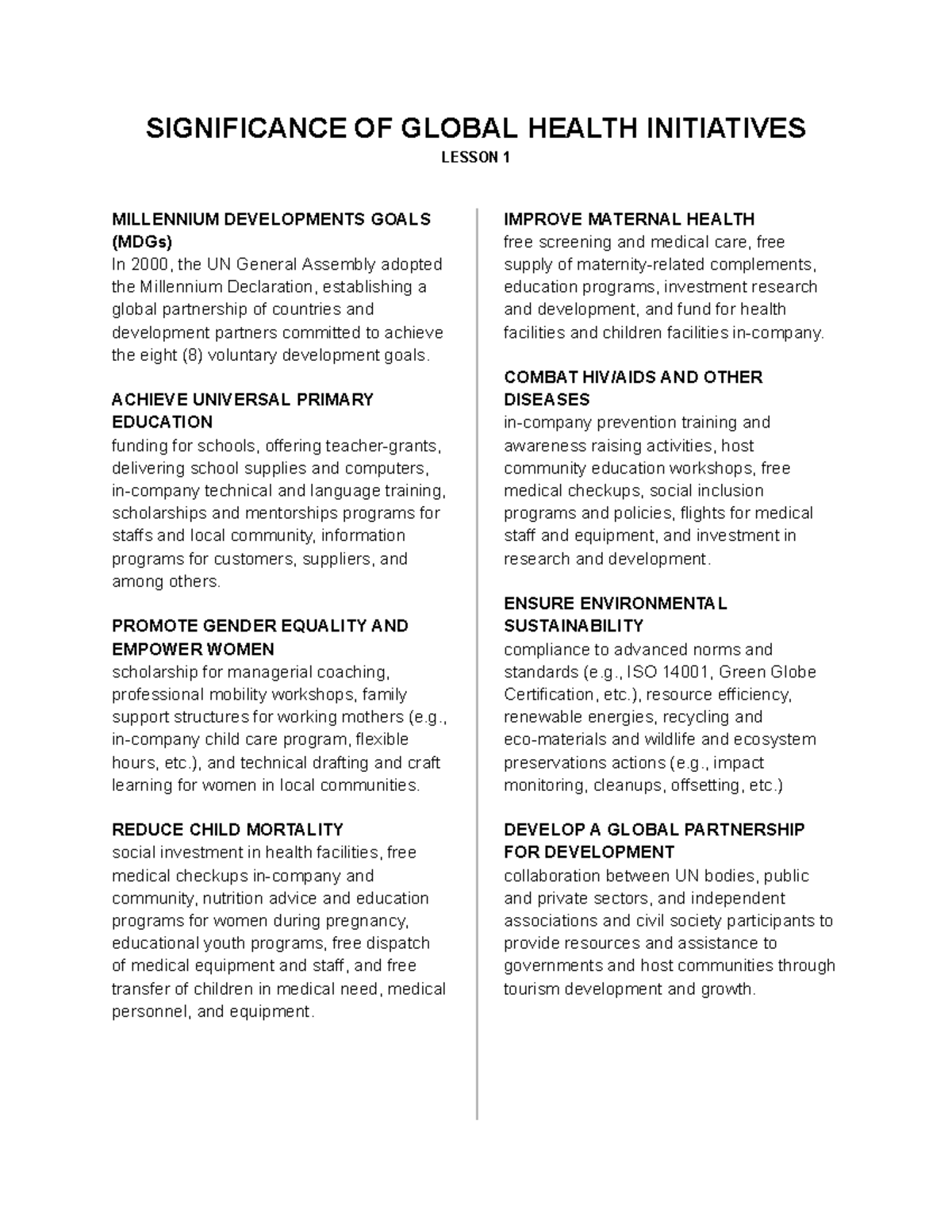 Global Health Initiatives: MDGs & Their Impact - Lessons 1-3 - Studocu