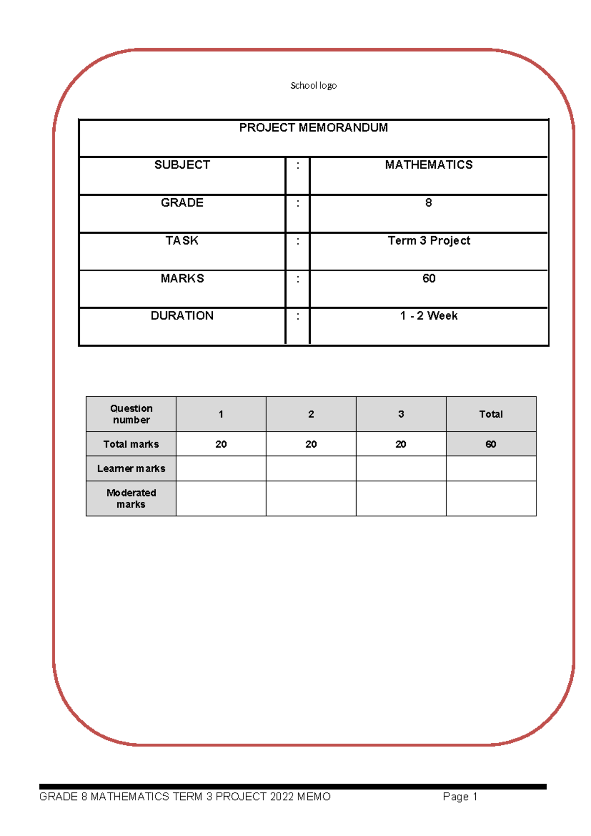 Exemplar Project Memo: Grade 8 Mathematics Term 3 2022 - Studocu