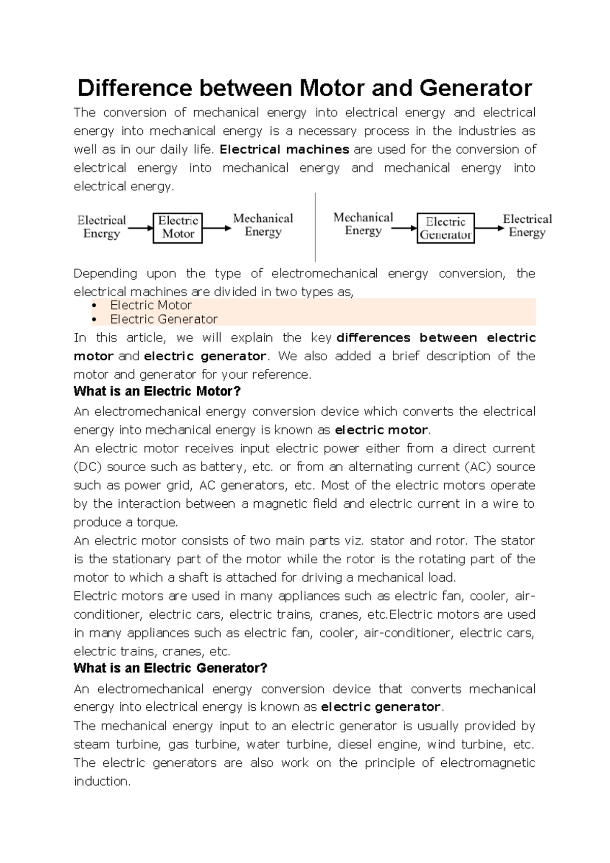 Difference between Motor and Generator: Key Insights and Applications - Studocu