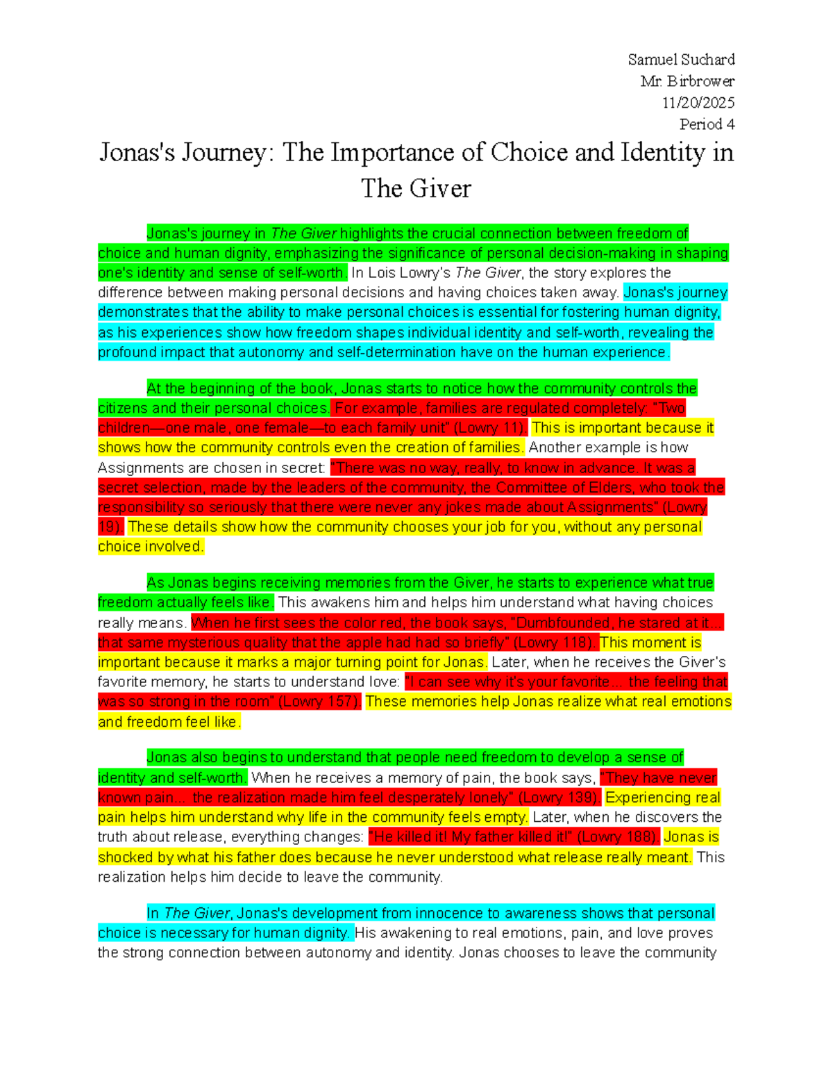 ENG 101 Essay: The Role of Choice and Identity in The Giver - Studocu