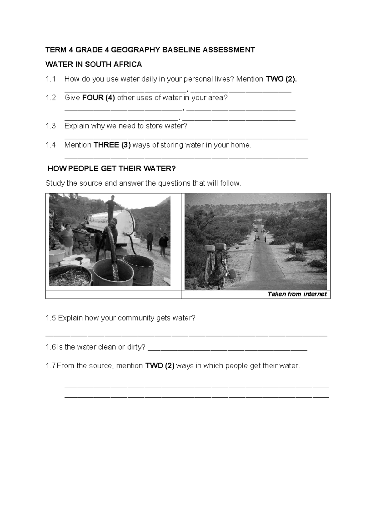 TERM 4 GRADE 4 GEOGRAPHY BASELINE ASSESSMENT ON WATER USE - Studocu
