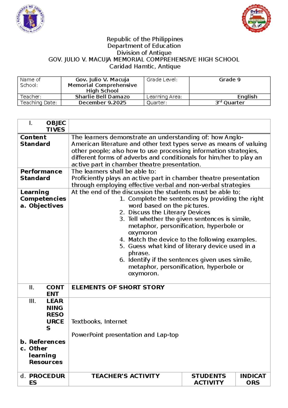 Grade 9 English Lesson Plan: Literary Devices & Chamber Theatre (LP ...