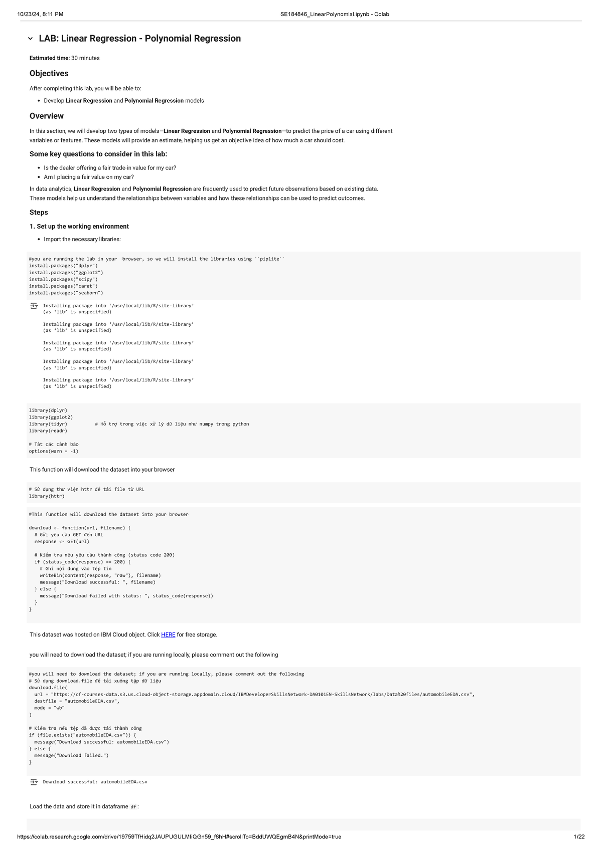 LAB: Linear & Polynomial Regression Analysis (SE184846) - Studocu