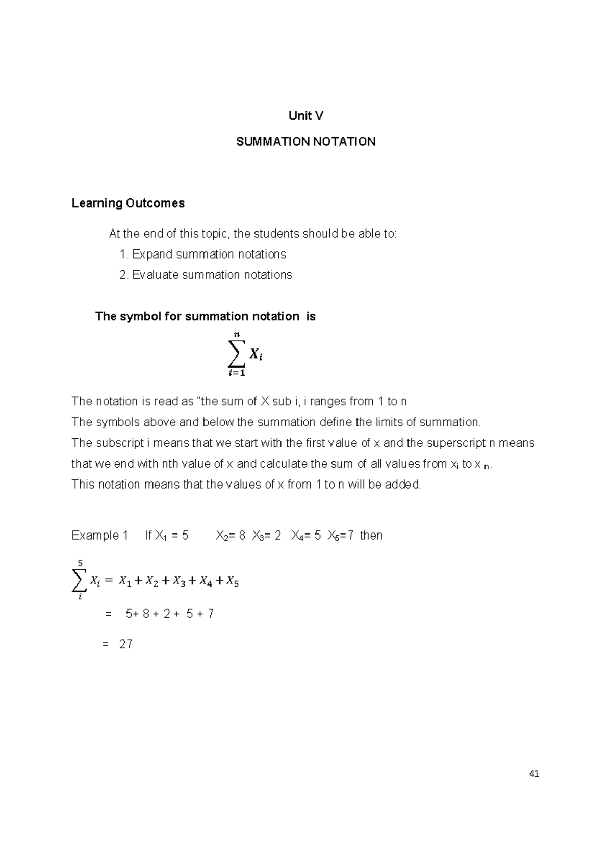 Unit V: Comprehensive Lecture on Summation Notation - Studocu