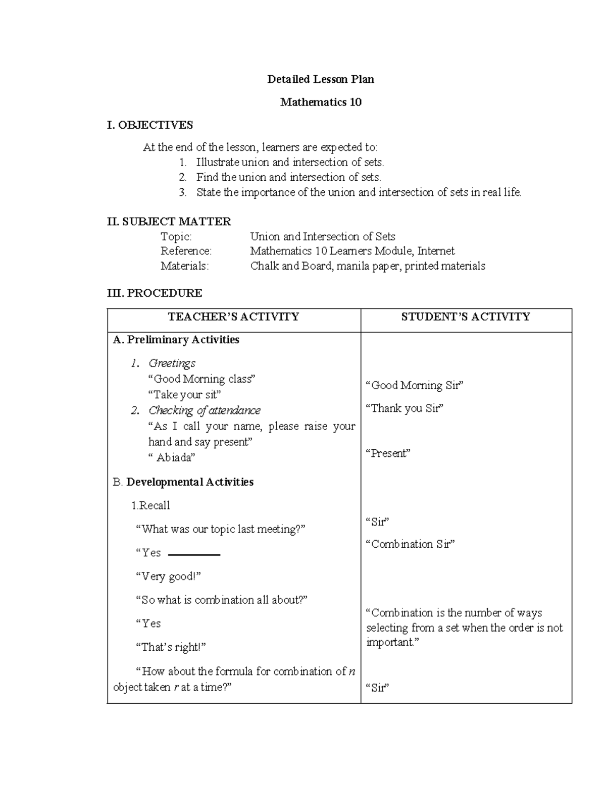Lesson PLAN - Any - Detailed Lesson Plan Mathematics 10 I. OBJECTIVES ...