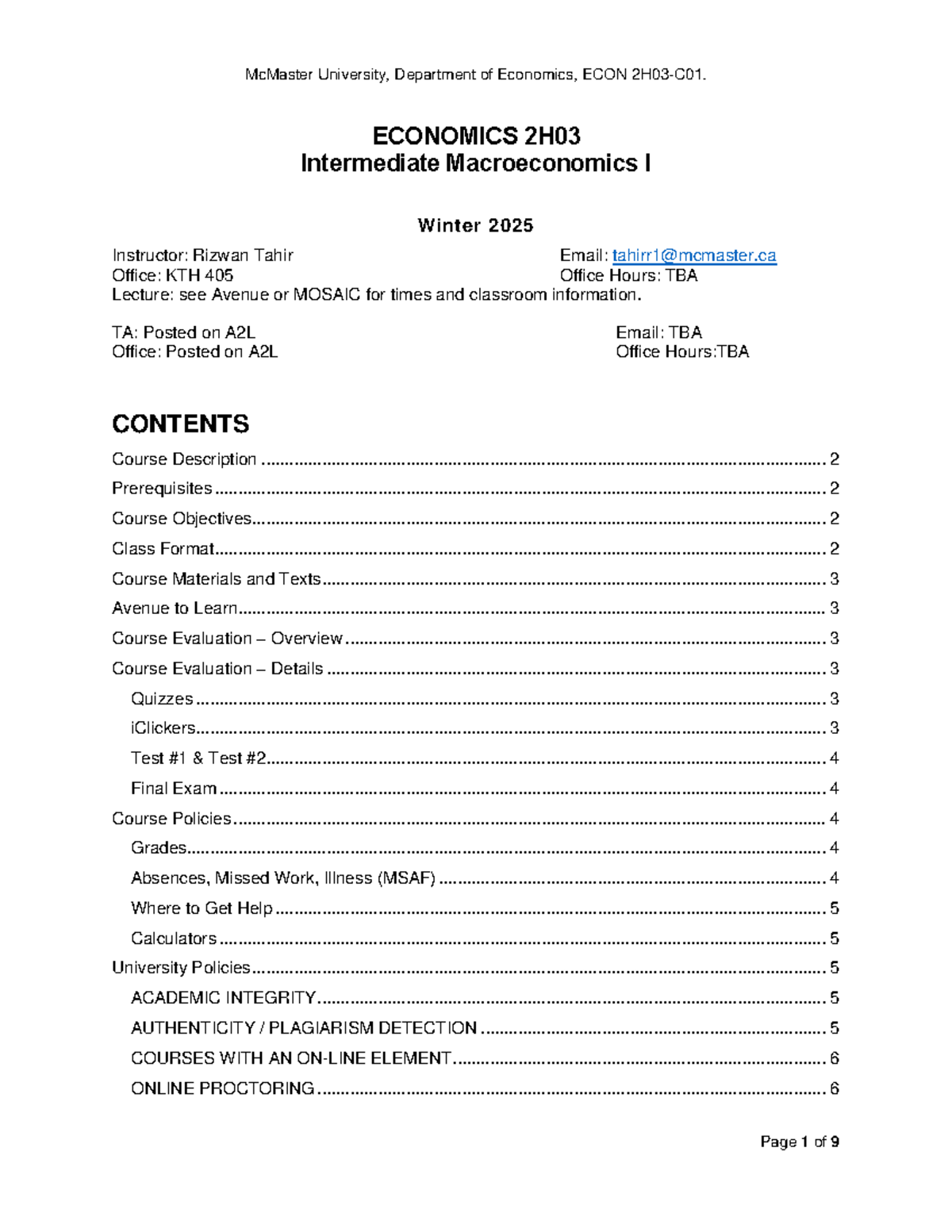 ECON 2H03 C01 Outline W25-R - Intermediate Macroeconomics I Instructor ...